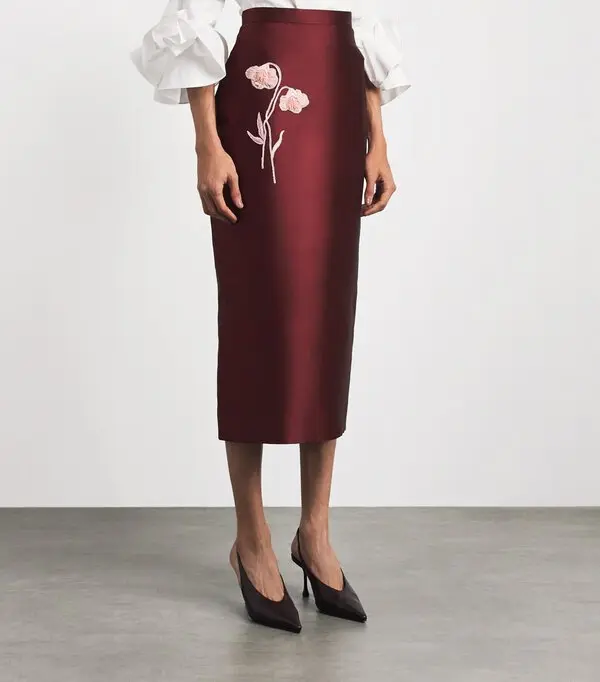 Erdem Embroidered Mikado Midi Pencil Skirt