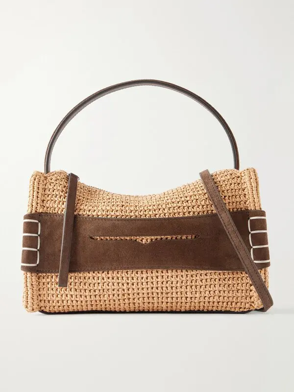 JW Anderson Crocheted Raffia Shoulder Bag With Suede Trim - Neutrals