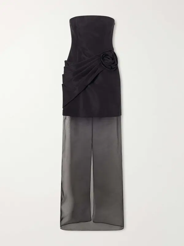 Carolina Herrera Strapless Pleated Appliquéd Organza-trimmed Silk-faille Gown - Black