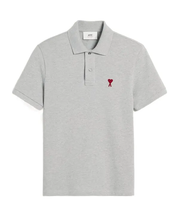 AMI Paris De Coeur Logo Embroidered Polo Shirt - Grey