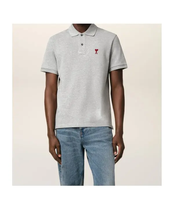 AMI Paris De Coeur Logo Embroidered Polo Shirt - Grey