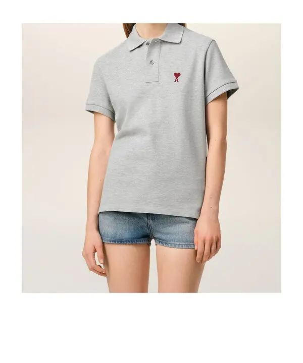 AMI Paris De Coeur Logo Embroidered Polo Shirt - Grey