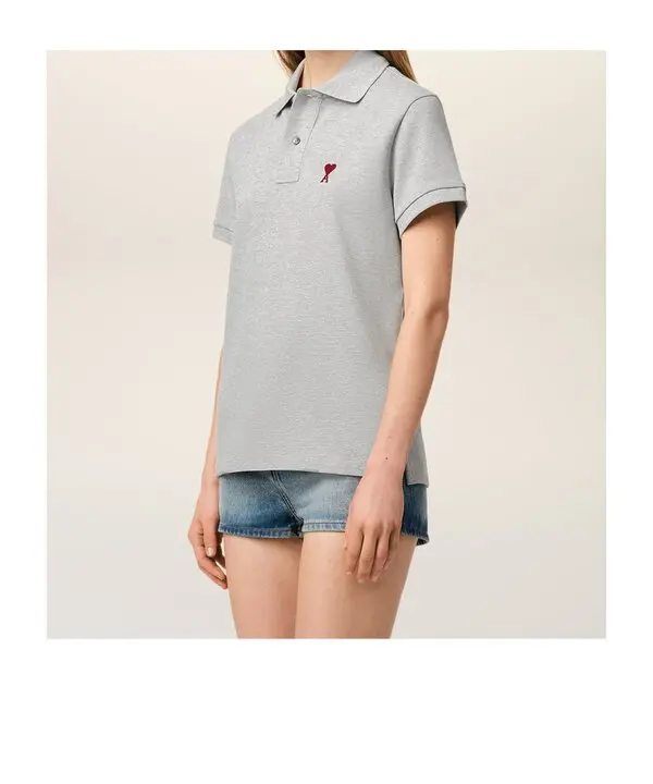 AMI Paris De Coeur Logo Embroidered Polo Shirt - Grey