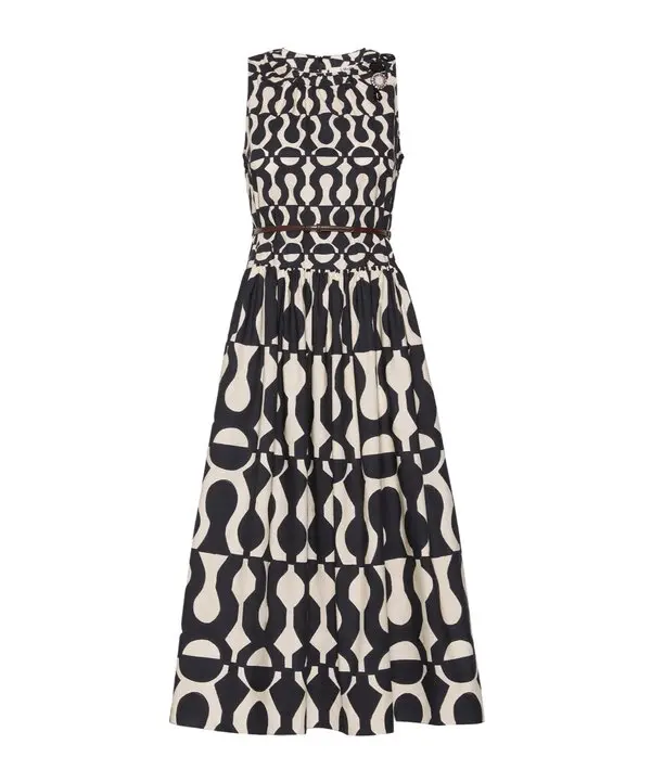 Max Mara Sleeveless Midi Dress With Flared Skirt In Printed Cotton Poplin - Black