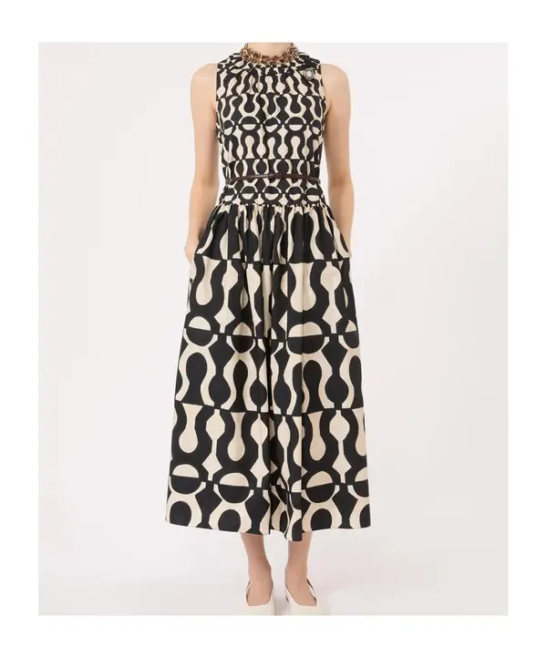 Max Mara Sleeveless Midi Dress With Flared Skirt In Printed Cotton Poplin - Black