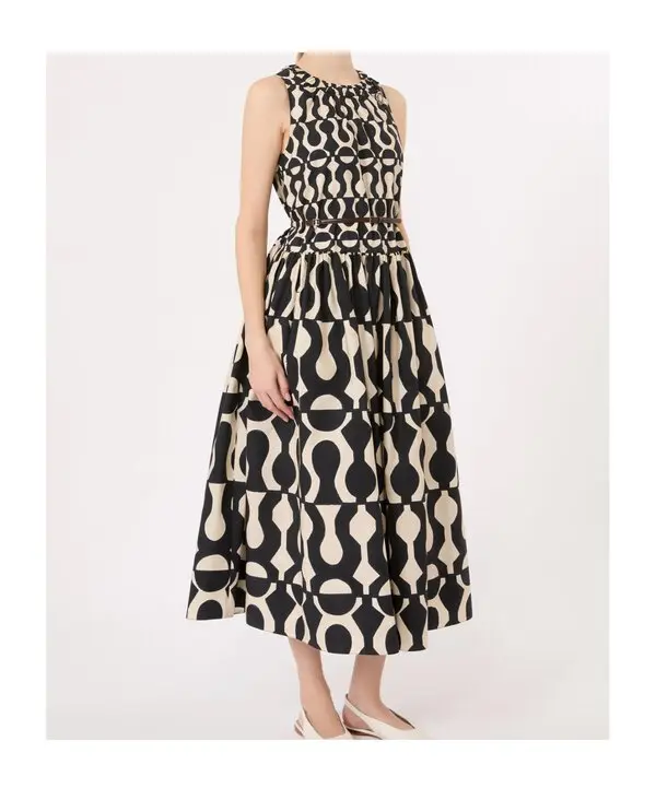 Max Mara Sleeveless Midi Dress With Flared Skirt In Printed Cotton Poplin - Black