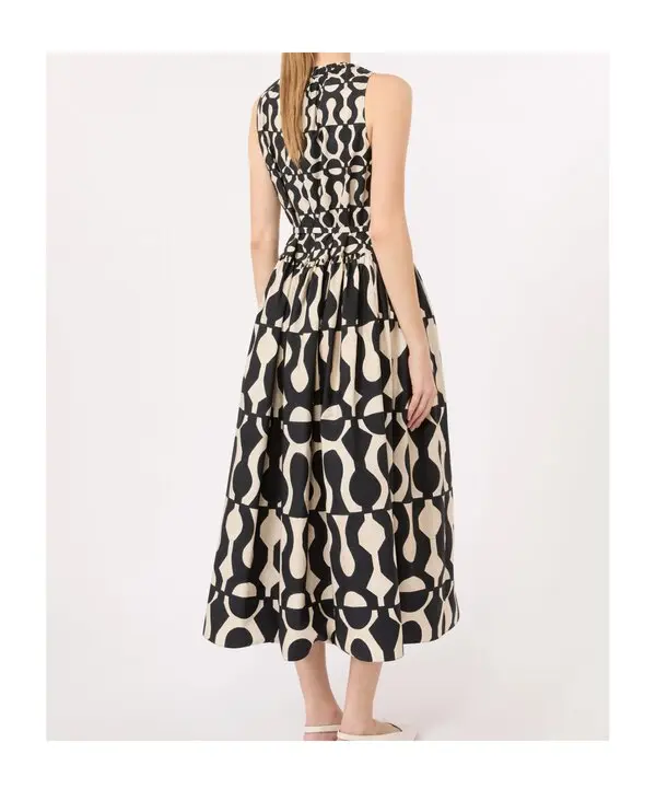 Max Mara Sleeveless Midi Dress With Flared Skirt In Printed Cotton Poplin - Black