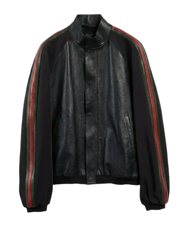 Gucci Leather Bomber Jacket With Web - Black