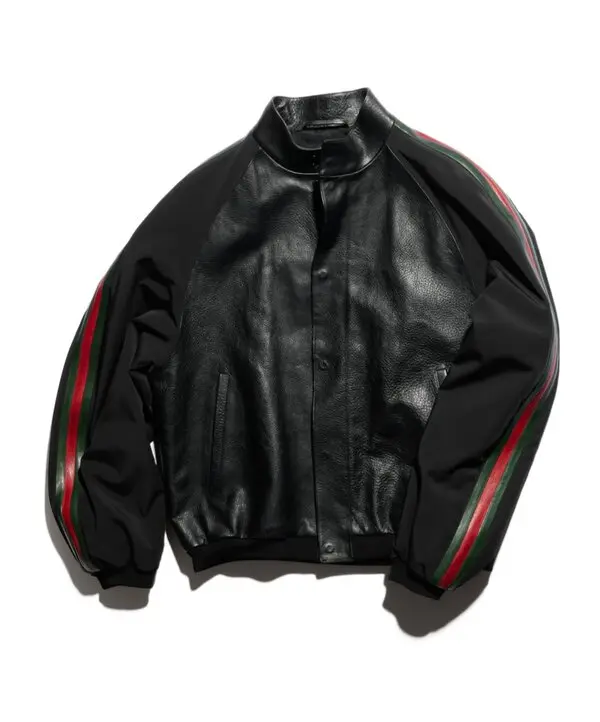 Gucci Leather Bomber Jacket With Web
