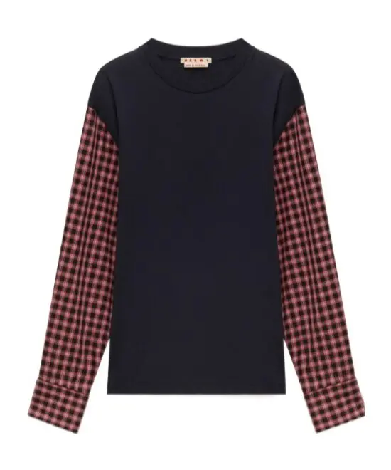 Marni Deep Blue Cotton T-shirt With Checked Shirt-sleeves