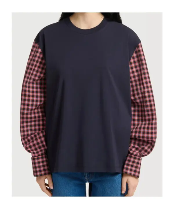 Marni Deep Blue Cotton T-shirt With Checked Shirt-sleeves