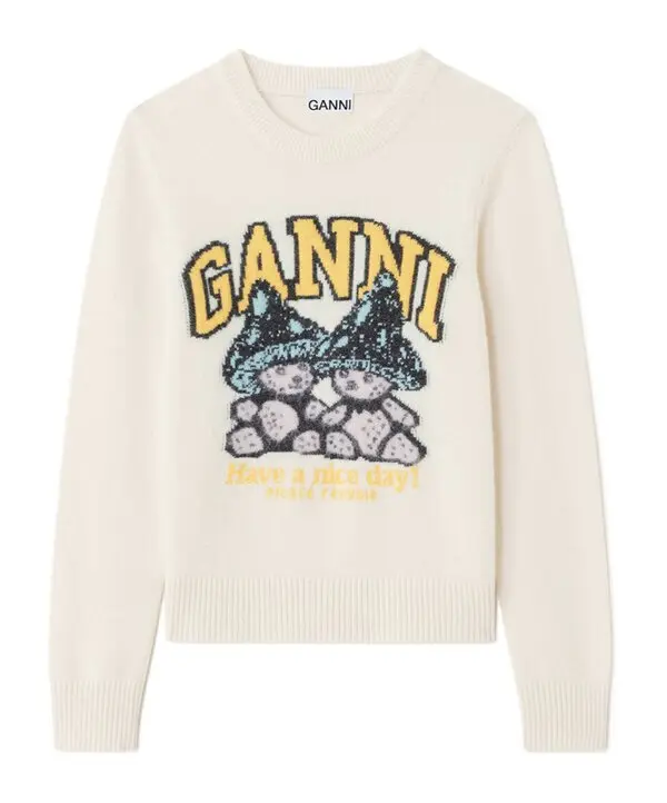GANNI Bear Printed Crewneck Jumper - Egrets