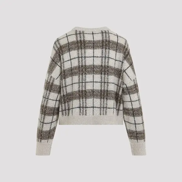 Brunello Cucinelli Long Sleeve Knit Top With Plaid Pattern