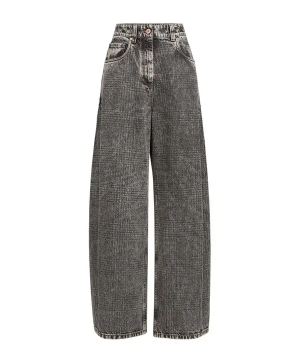 Brunello Cucinelli Prince Of Wales Denim Wide Trousers With Monili - Black