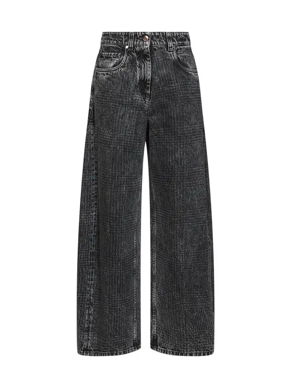 Brunello Cucinelli Prince Of Wales Denim Wide Leg Trousers With Monili - Dark Grey