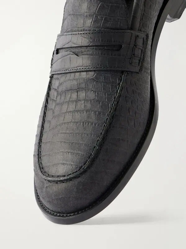 Manolo Blahnik Perry Croc-effect Nubuck Loafers