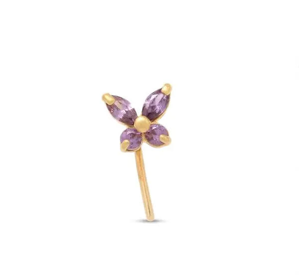 Zahav Jewelry 14k Solid 24g Amethyst Cz Butterfly L-shape Nose Stud - Gold