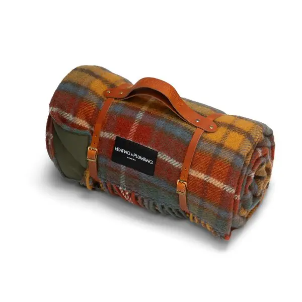 HEATING & PLUMBING LONDON Pure New Wool Picnic Blanket Tartan Heritage Tan Strap - Brown