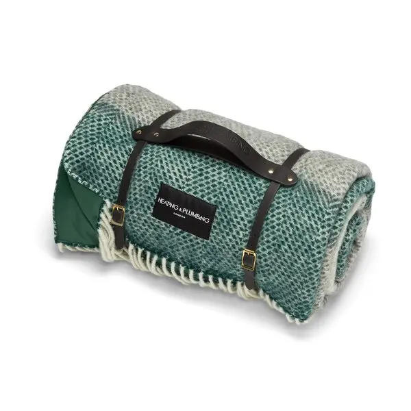 HEATING & PLUMBING LONDON Green / Grey Pure New Wool Picnic Blanket Down To The Valley Short Leather Strap - Green/grey