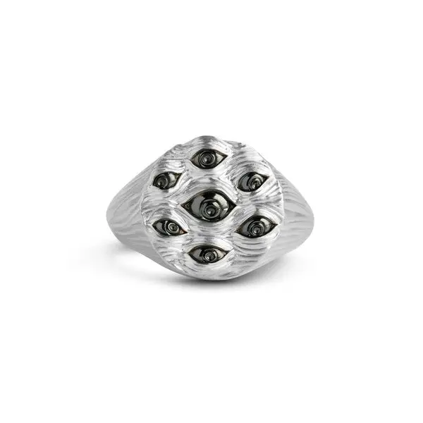 KASUN LONDON Eyes Of Many" Signet Ring In Sterling With Black Rhodium Plated Eyes - Silver