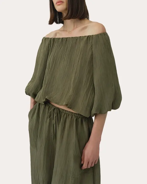 Simkhai Anni Crinkled Off-shoulder Crop Top