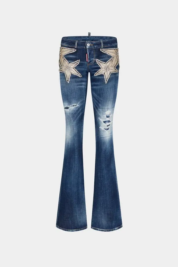 Dsquared2 Dark Ripped Wash Starry Night Low Waist Flare Jean - Blue