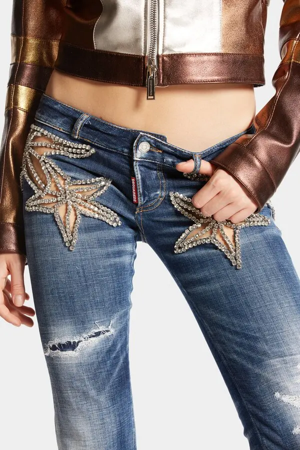 Dsquared2 Dark Wash Ripped Starry Night Low Waist Flare Jeans