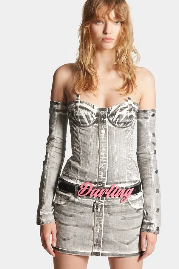 Dsquared2 Icon White Coal Wash Denim Bustier Dress