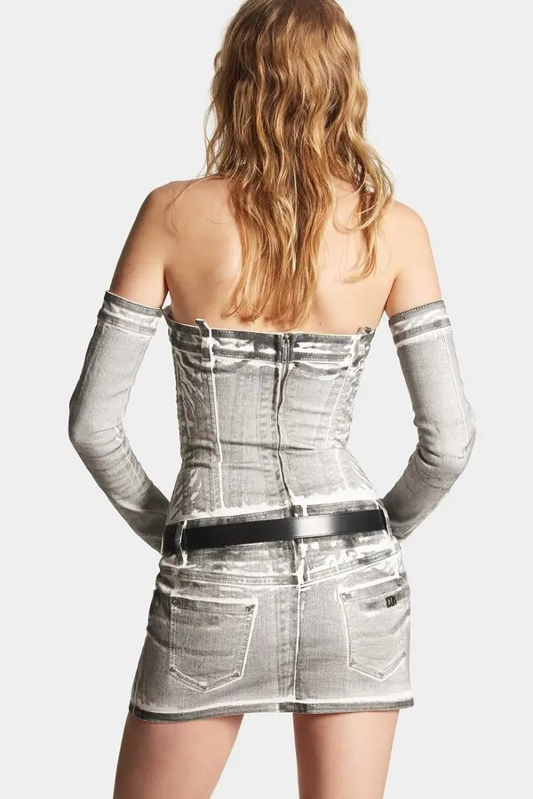 Dsquared2 Icon White Coal Wash Denim Bustier Dress