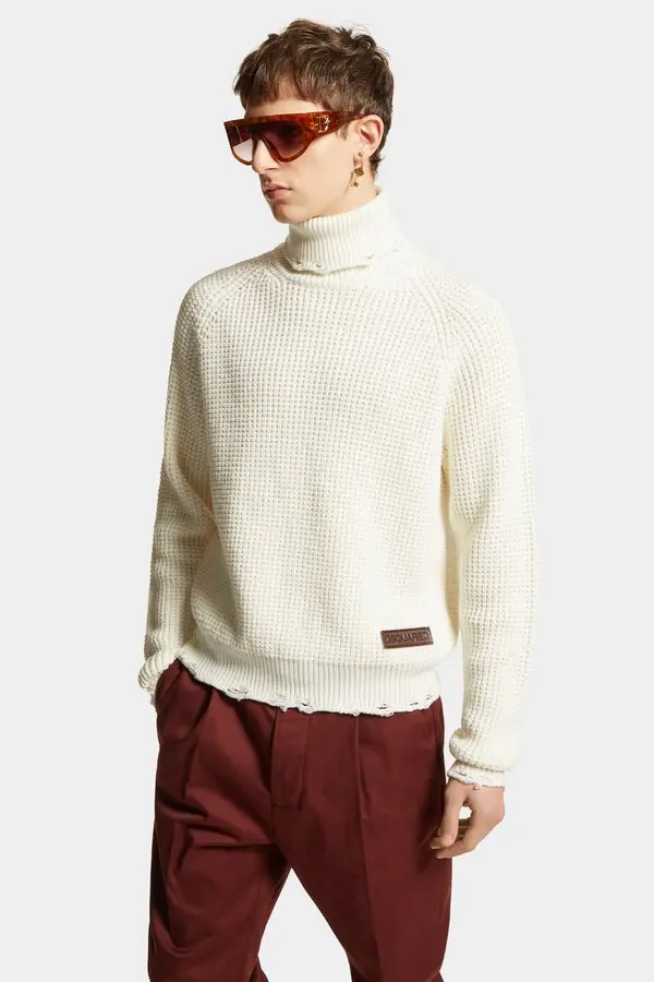 Dsquared2 Pure Virgin Wool Turtleneck Pullover With Frayed Edges
