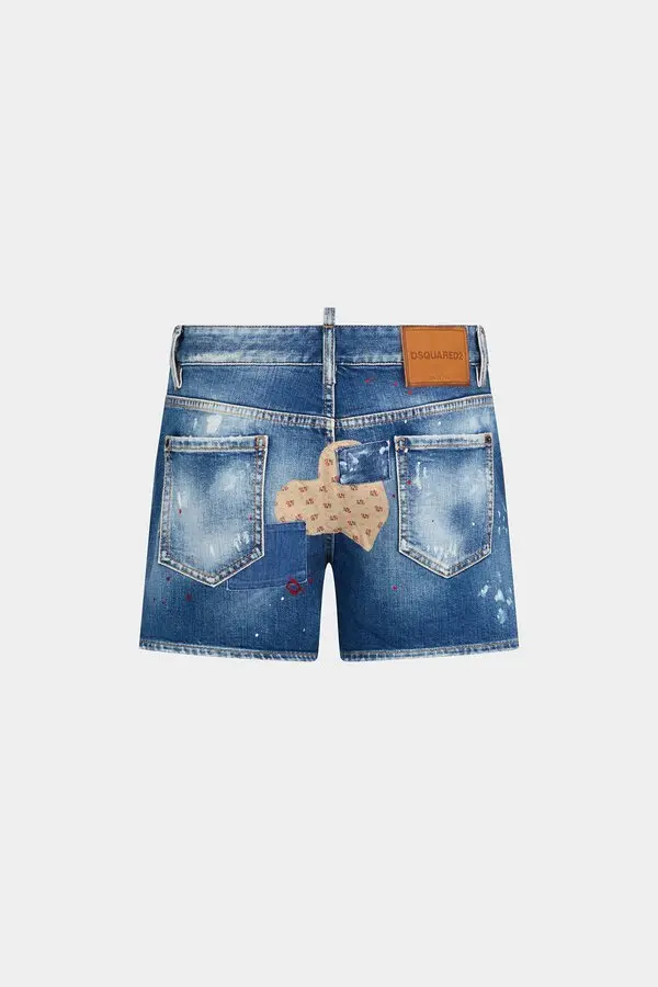 Dsquared2 Medium Wash Distressed Denim Shorts With Paint Splatter And Patch Detail