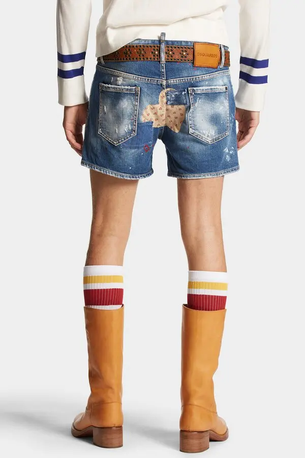 Dsquared2 Medium Wash Distressed Denim Shorts With Paint Splatter And Patch Detail
