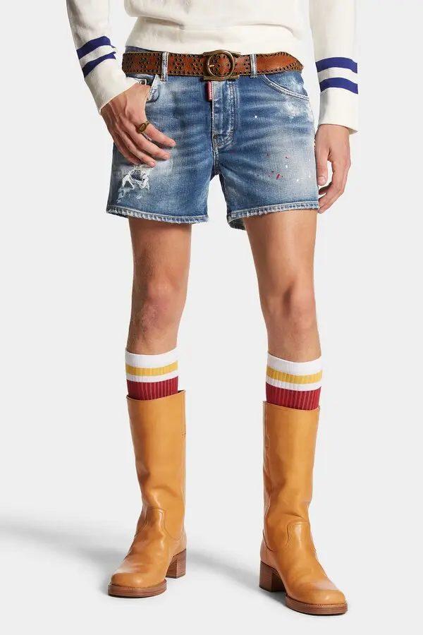 Dsquared2 Medium Wash Distressed Denim Shorts With Paint Splatter And Patch Detail