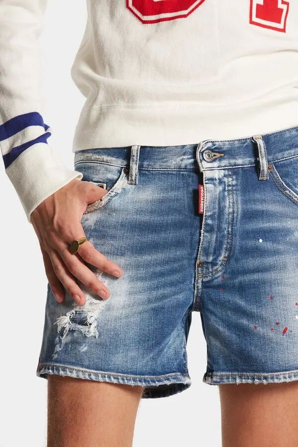 Dsquared2 Medium Wash Distressed Denim Shorts With Paint Splatter And Patch Detail