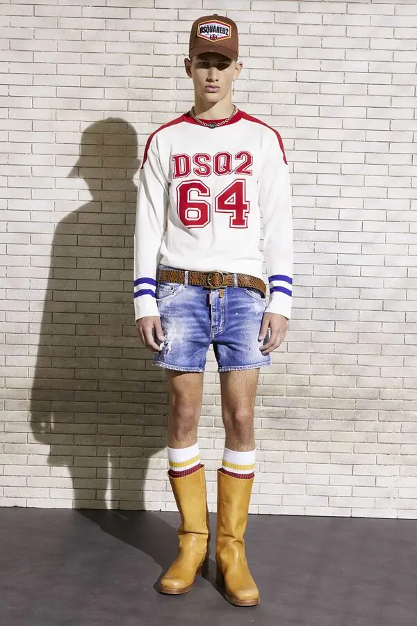 Dsquared2 Medium Wash Distressed Denim Shorts With Paint Splatter And Patch Detail
