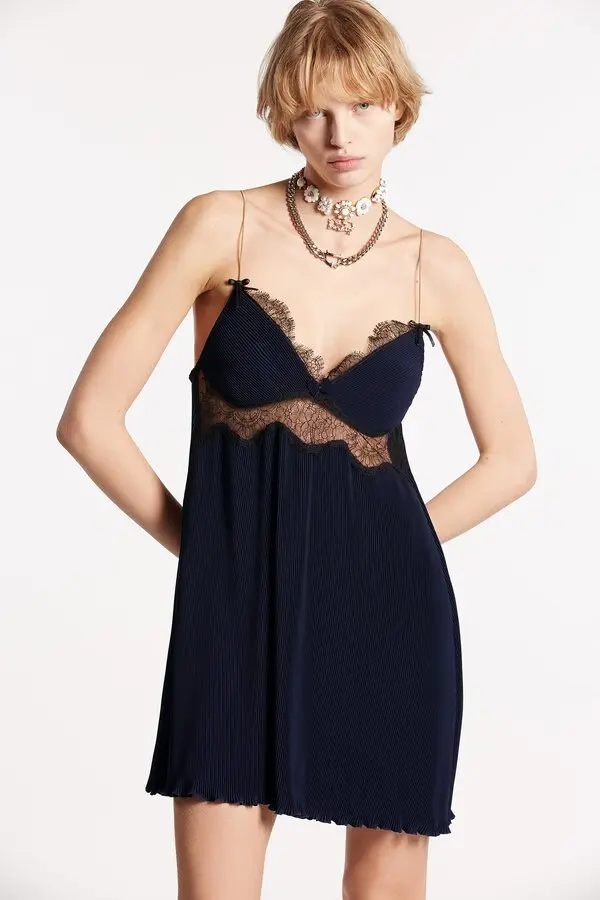 Dsquared2 Pleated Mini Dress With Lace Trim - Blue