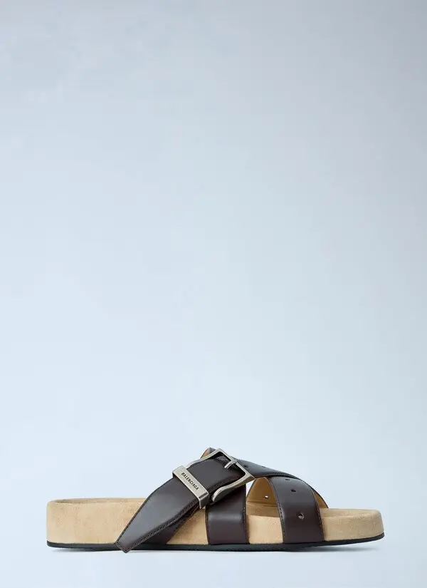 Balenciaga Leather Crossover Belted Flat Sandals - Brown