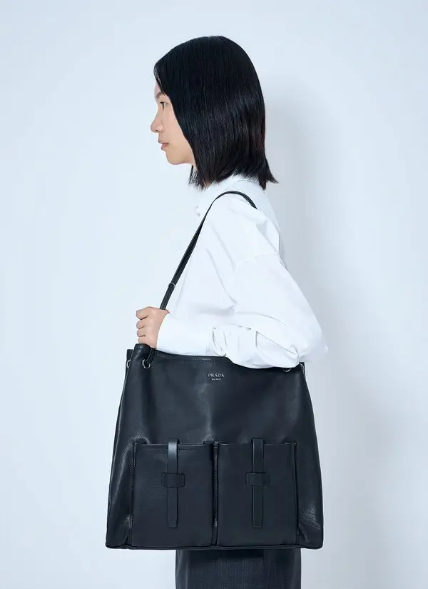 Prada Large Leather Tote Bag - Black
