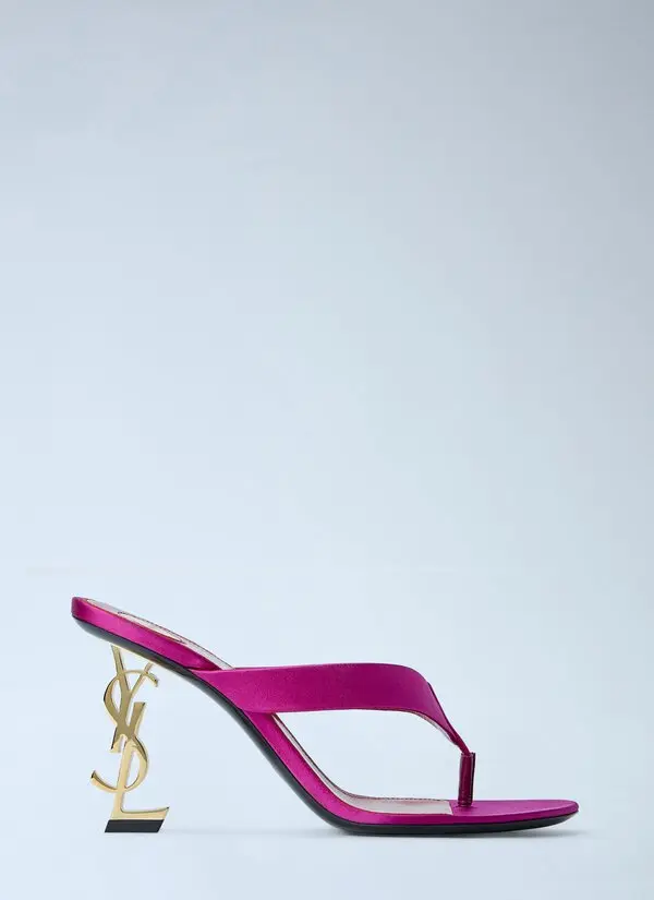 Saint Laurent Opyum Satin Thong Mule Sandals With Sculptural Logo Heel - Pink