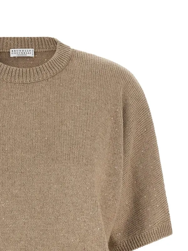 Brunello Cucinelli Diamante" Cashmere Silk Blend Sweater With Micro Sequins - Cream