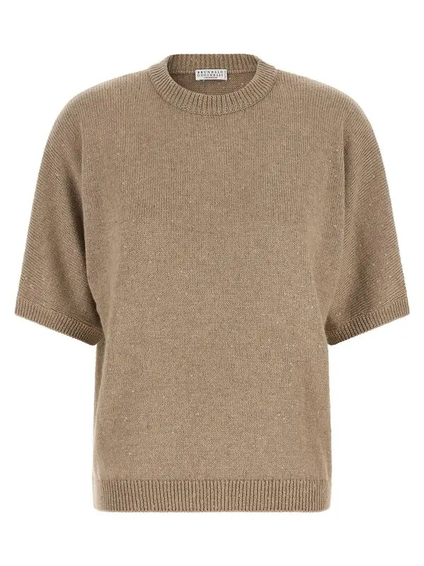 Brunello Cucinelli Diamante" Cashmere Silk Blend Sweater With Micro Sequins - Cream