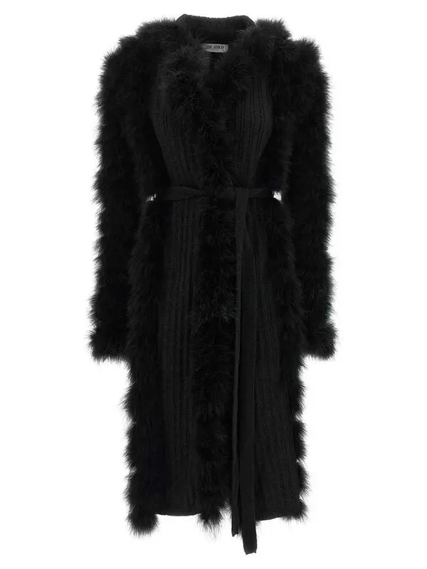Attico Belted Feather-trimmed Knitted Coat - Black