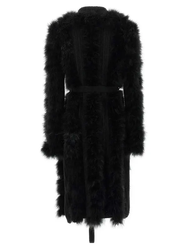 Attico Belted Feather-trimmed Knitted Coat
