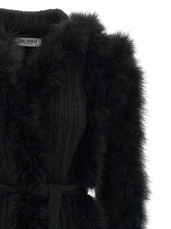 Attico Belted Feather-trimmed Knitted Coat