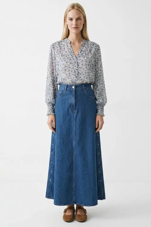 EXQUISE Blaize High Waist A Line Midi Denim Skirt - Indigo