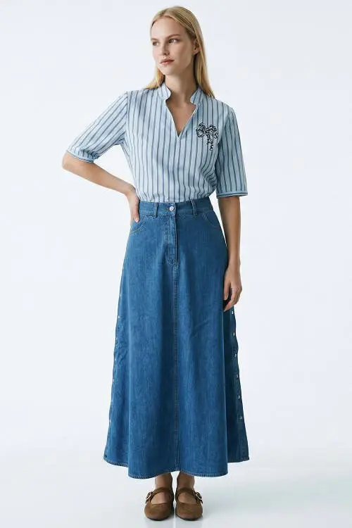 EXQUISE Blaize High Waist A-line Midi Denim Skirt