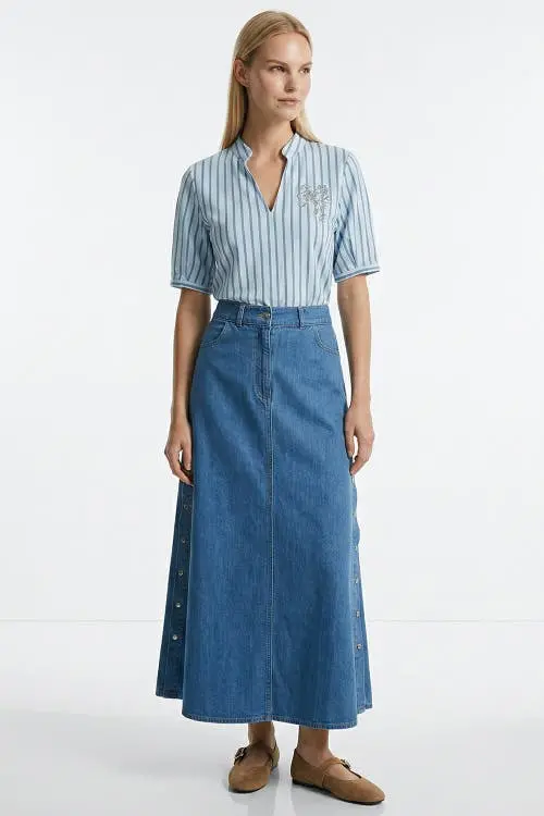 EXQUISE Blaize High Waist A-line Midi Denim Skirt