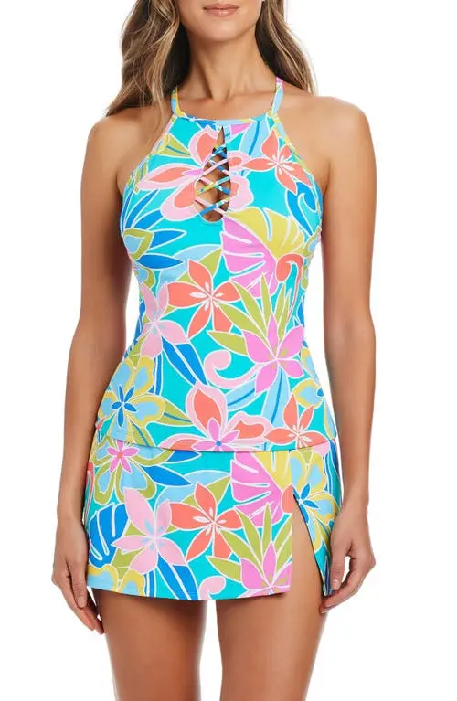 BLEU BY ROD BEATTIE Floral Lattice High Neck Tankini Top - Aqua Fresca