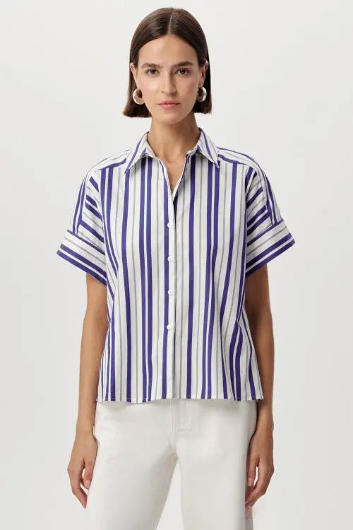 EXQUISE Alsatia Dropped Short Sleeve Striped Shirt - Blue