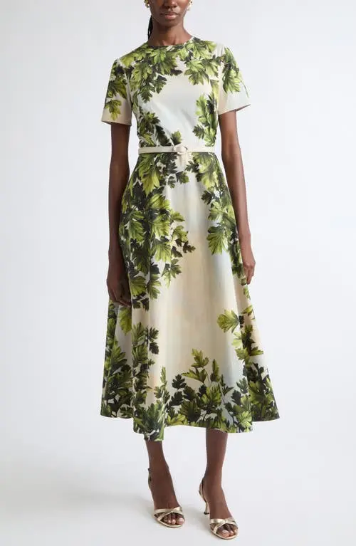 Oscar De La Renta Maple Leaves Cotton Stretch Poplin Midi Dress - Green Multi